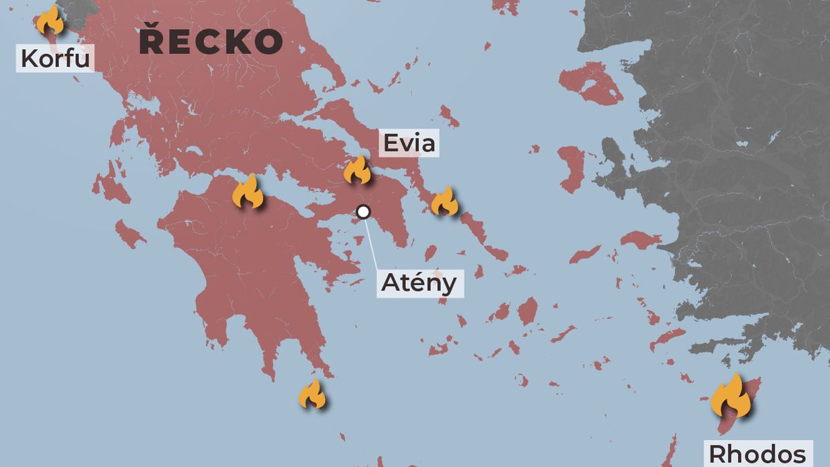 Mapa: Požáry na Rhodosu, Korfu i jinde v Řecku