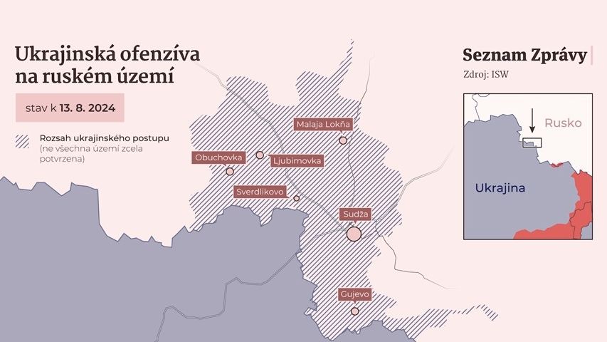 Mapa Kurské oblasti, ukrajinská ofenziva, vývoj do 13. 8. 2024 | Stream